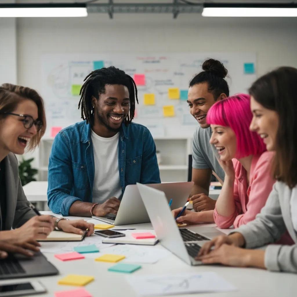 Team collaborating on budget-friendly link building methods in a bright ...